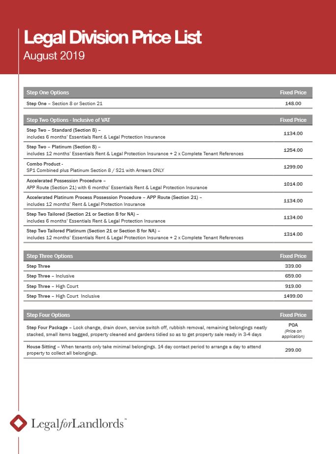 Legal Division Price List - LegalForLandlords